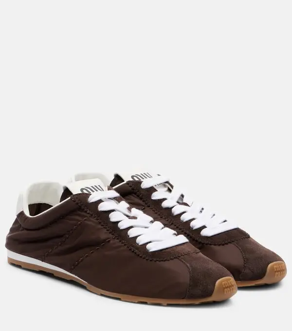 Miu Miu Plume Suede-trimmed Lace-up Sneakers - Brown