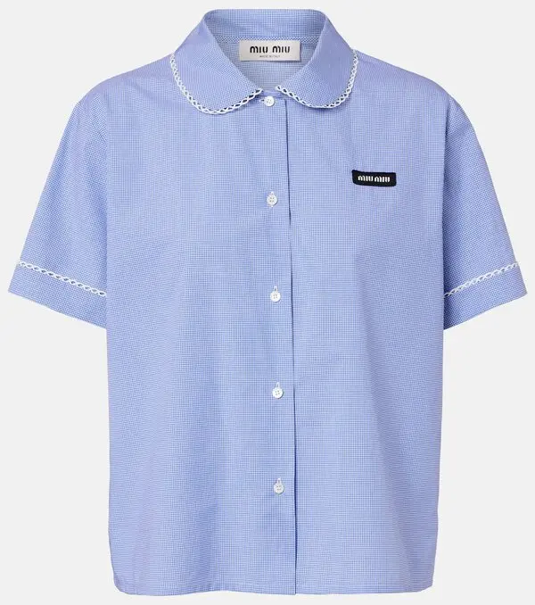 Miu Miu Gingham Lace-trimmed Cotton Poplin Shirt - Blue