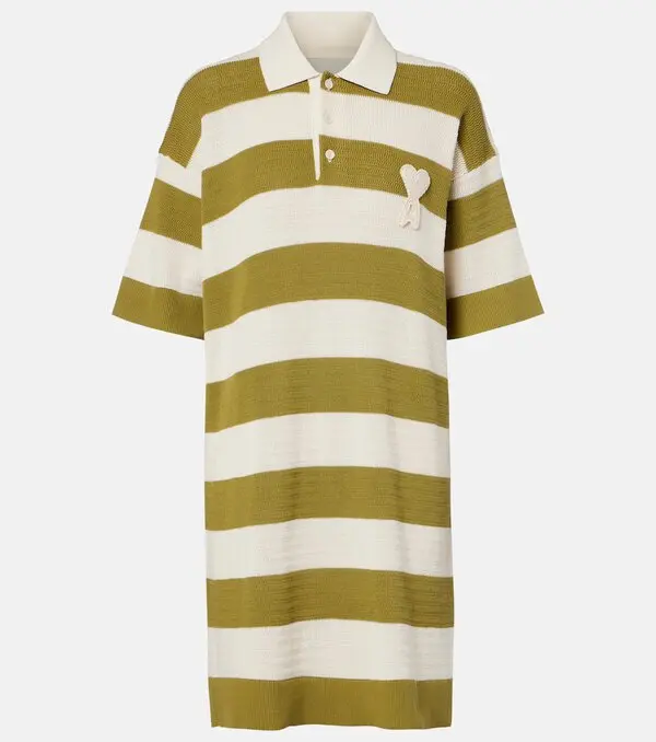 AMI Paris De Cœur Striped Cotton Polo Dress