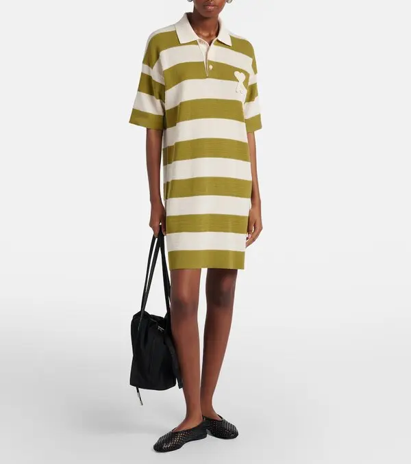 AMI Paris De Cœur Striped Cotton Polo Dress