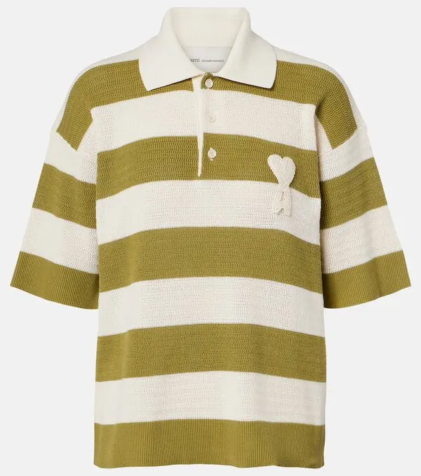AMI Paris De Cœur Striped Cotton Polo Shirt - Green