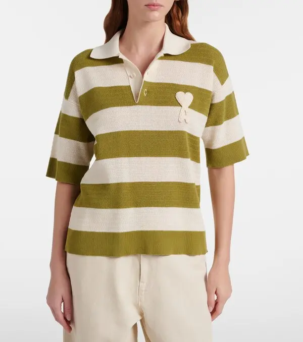 AMI Paris De Cœur Striped Cotton Polo Shirt - Green