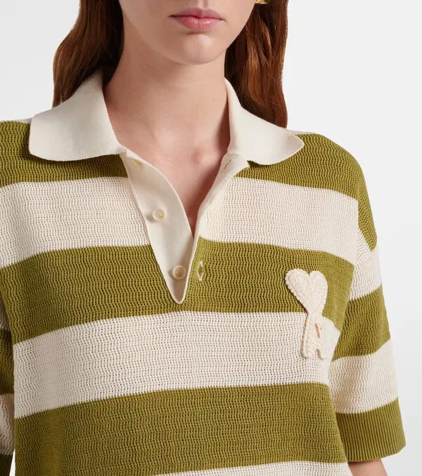 AMI Paris De Cœur Striped Cotton Polo Shirt - Green