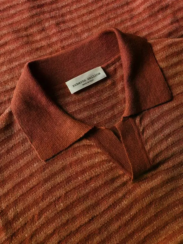 ROBERTO COLLINA Striped Polo Colar T-shirt - Brown