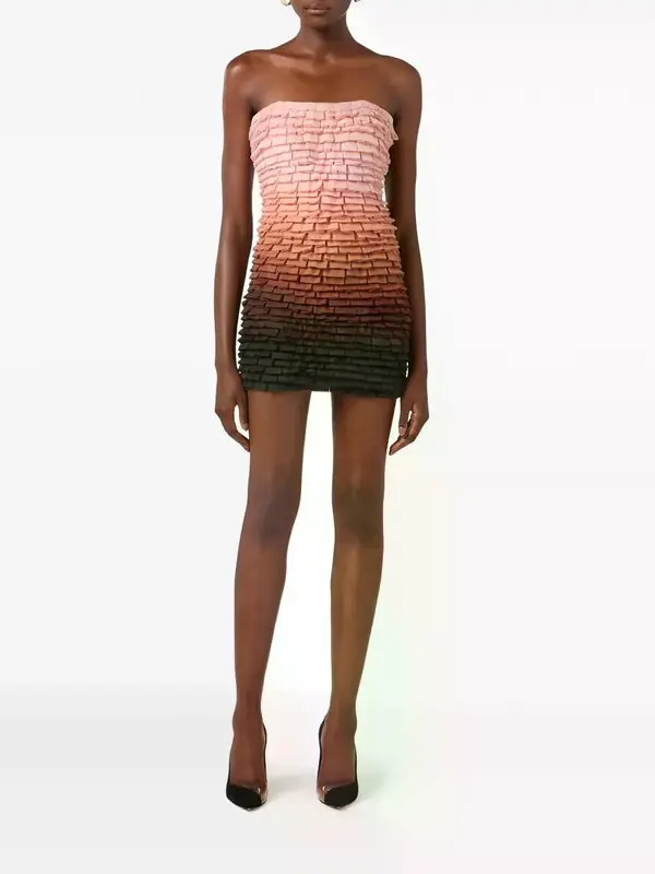 Elisabetta Franchi Tulle Mini Dress With Gradient Effect And Rhinestone Logo - Pink
