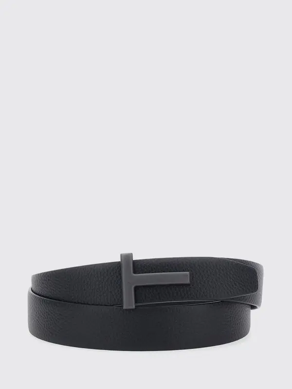 TOM FORD Grained Leather Belt With Metallic Monogram Buckle - Black