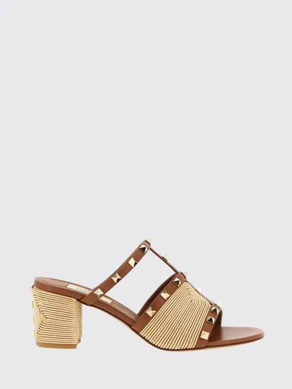 Valentino Garavani Rockstud Raffia And Leather Heeled Sandals - Brown