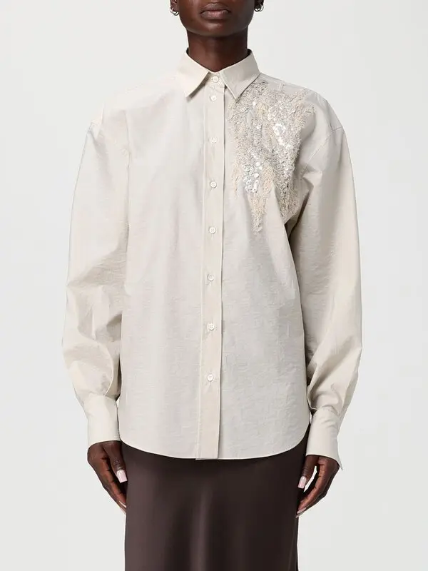 Brunello Cucinelli Sequined Cotton Blend Shirt - Beige