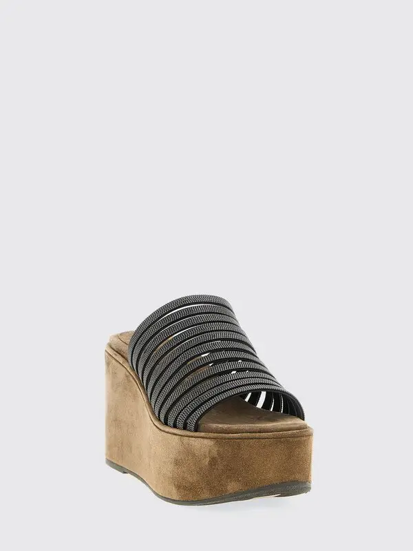 Brunello Cucinelli Suede Wedge Sandal With Monile Embellishment - Brown
