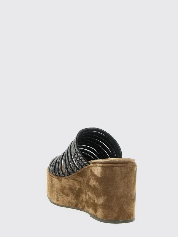 Brunello Cucinelli Suede Wedge Sandal With Monile Embellishment - Brown
