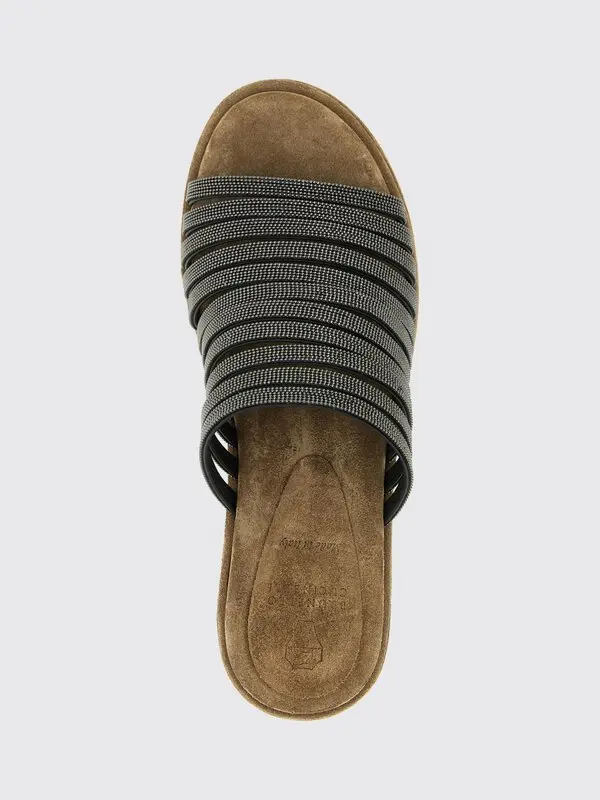 Brunello Cucinelli Suede Wedge Sandal With Monile Embellishment - Brown