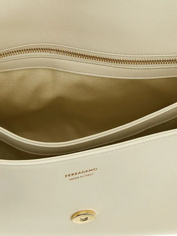 FERRAGAMO Leather Shoulder Bag With Gancini Logo - Beige