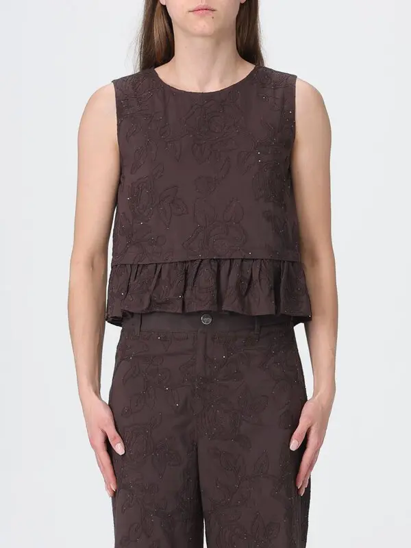 Liu Jo Sleeveless Embroidered Peplum Top - Brown