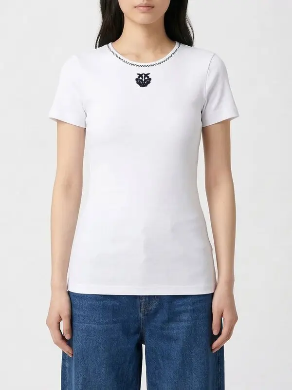 Pinko Ribbed T-shirt With Embellished Detail - White