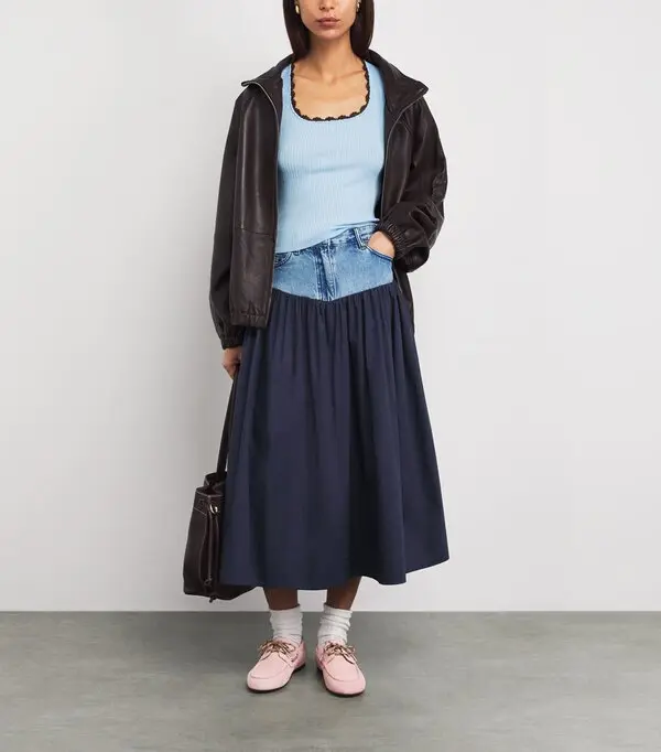 Sandro Denim-poplin Hybrid Midi Skirt - Blue