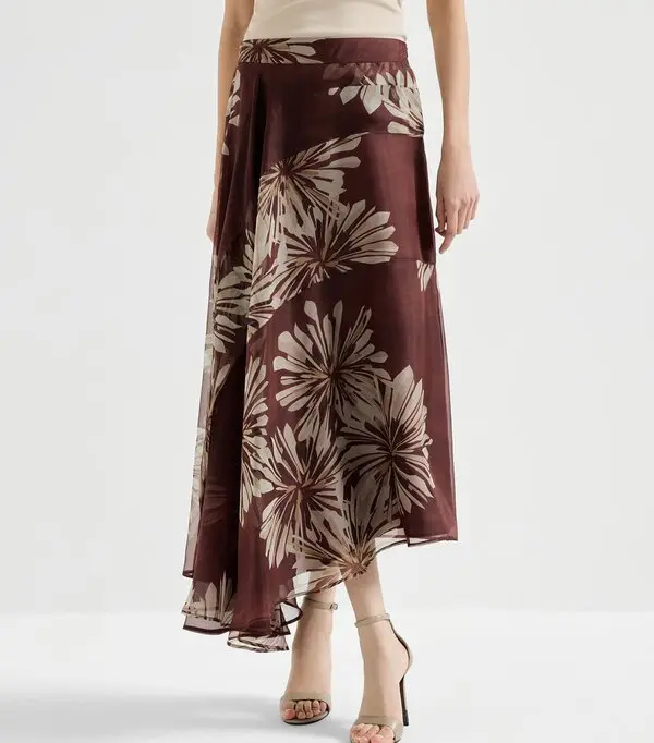 Brunello Cucinelli Asymmetric Floral Silk Midi Skirt