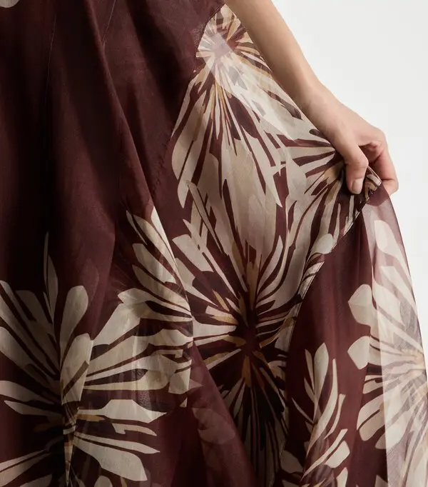 Brunello Cucinelli Asymmetric Floral Silk Midi Skirt