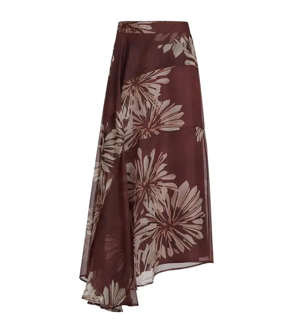 Brunello Cucinelli Silk Floral Midi Skirt - Red