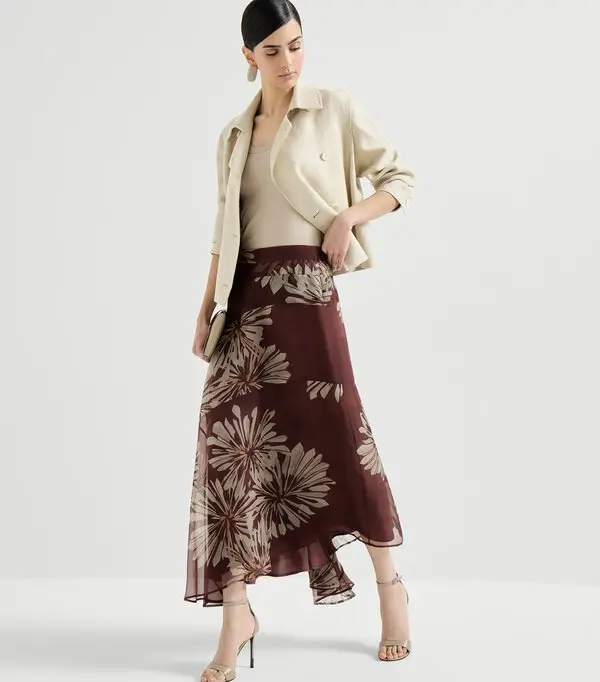 Brunello Cucinelli Silk Floral Midi Skirt - Red