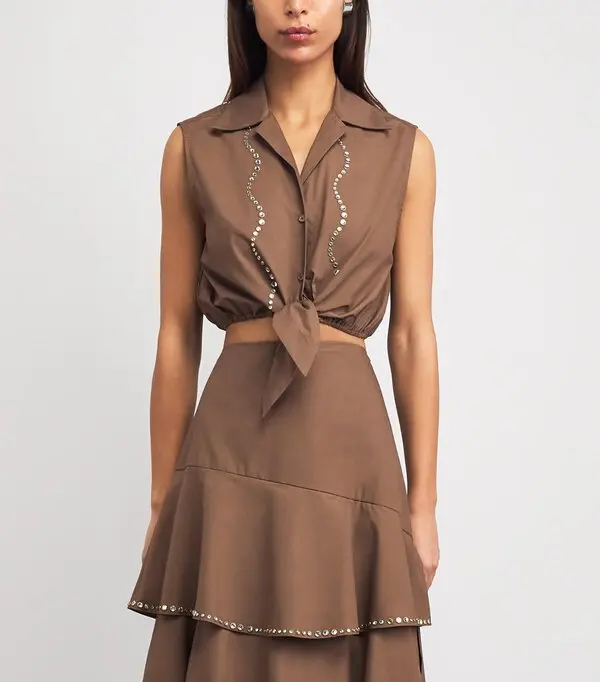Sandro Cotton Embellished Cropped Shirt - Brown