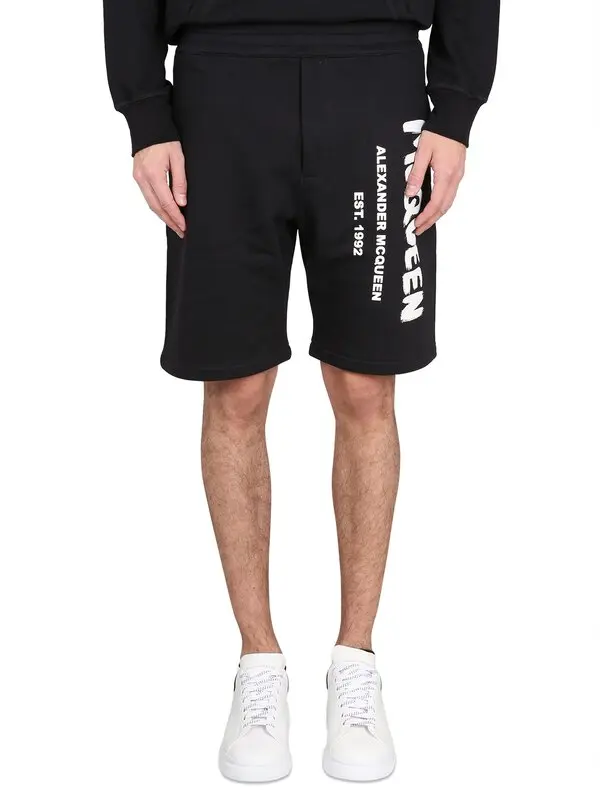 Alexander McQueen Bermuda Shorts With Graffiti Logo Print - Black