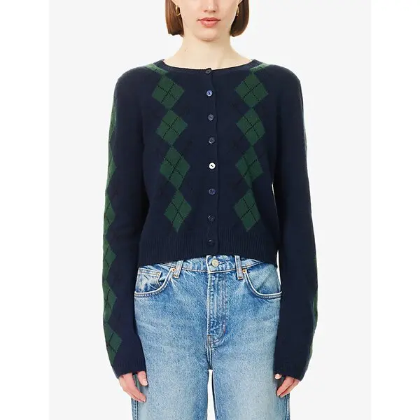 REFORMATION Clara Argyle-knit Cashmere Cardigan - Navy Multi Argyle