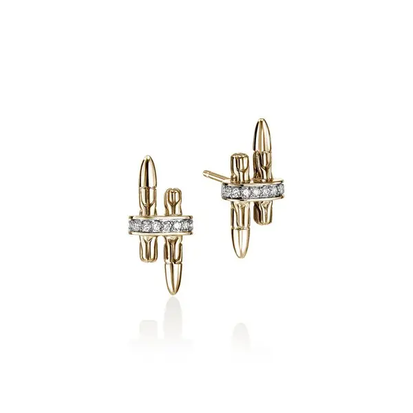 John Hardy Spear Stud Earrings With Diamonds - Gold