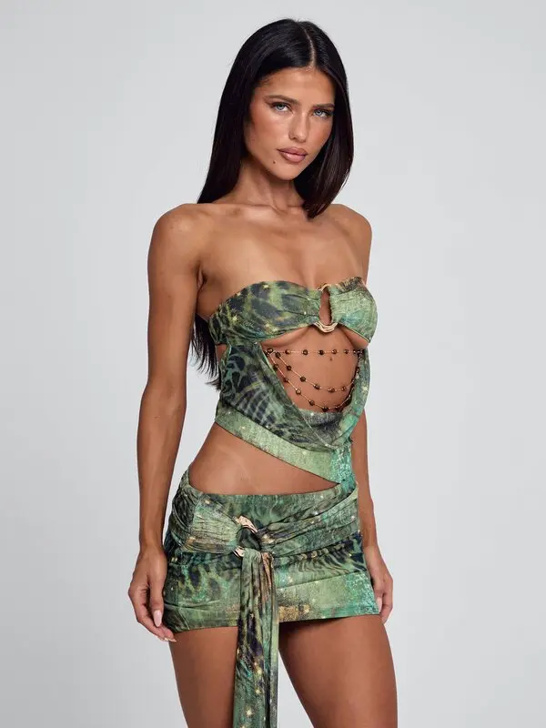 OUTCAST Lowen Printed Mini Dress With Beaded Chain - Green