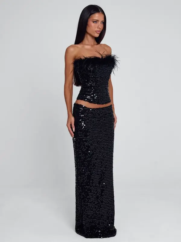 OUTCAST Sequin Corset Top With Feather Trim