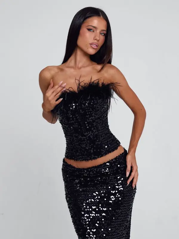OUTCAST Sequin Corset Top With Feather Trim