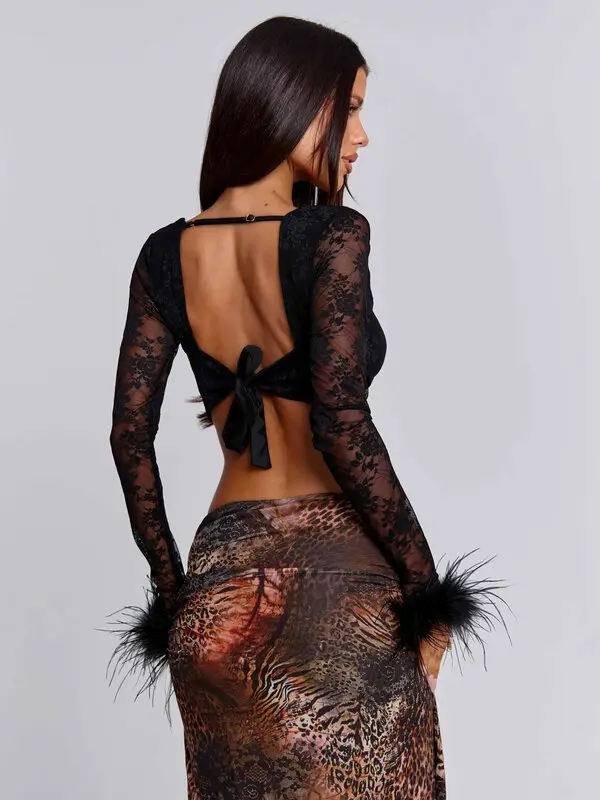 OUTCAST Lace Top With Feather Trim