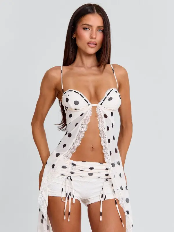 OUTCAST Printed Mesh Top With Flounce And Lace Trim