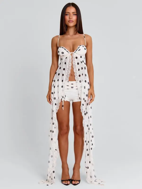 OUTCAST Printed Mesh Top With Flounce And Lace Trim