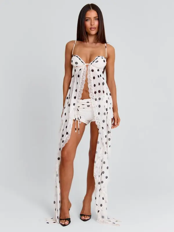 OUTCAST Printed Mesh Top With Flounce And Lace Trim