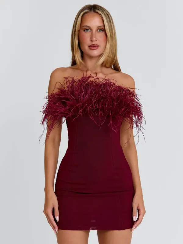 strapless open back dress One-Shoulder Midi Sheath Dress - Rosettes, Red main image 1