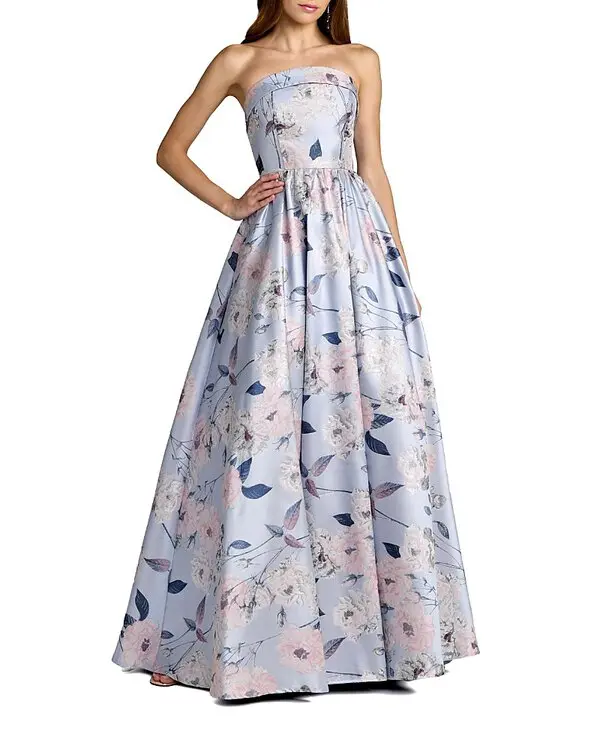 Mac Duggal Floral Brocade Strapless A-line Ballgown - Blue Multi