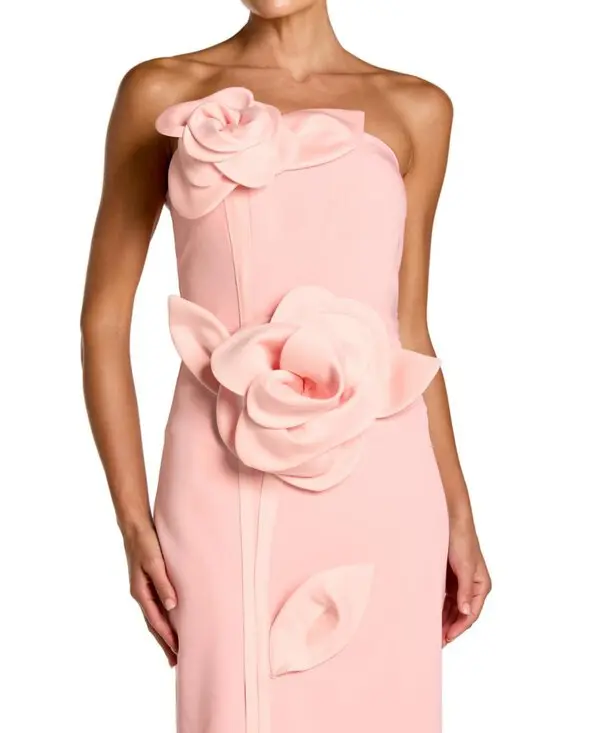 Mac Duggal Strapless Crepe Gown With 3d Satin Flowers
