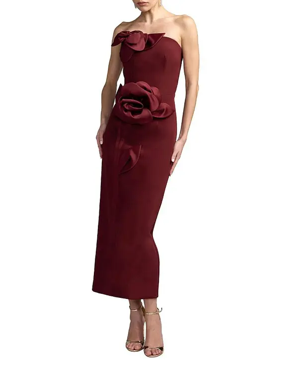 Mac Duggal Strapless Crepe Gown With 3d Satin Flowers - Wine