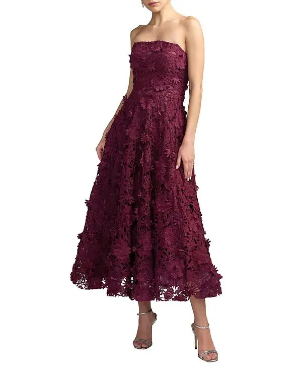Mac Duggal Floral Lace Strapless A-line Midi Dress - Plum