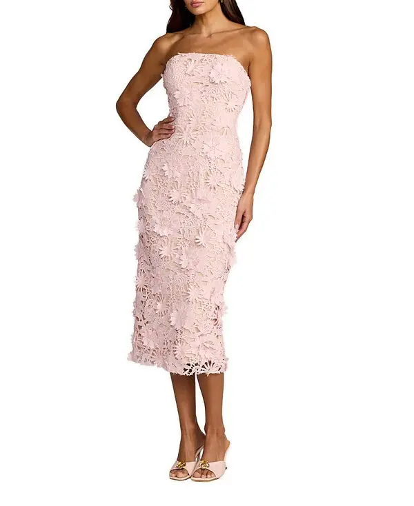 Mac Duggal Strapless Lace Floral Fitted Midi Dress - Blush