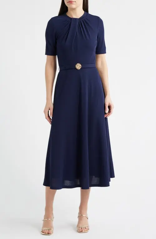 Anne Klein Twist Neck Belted Midi Dress