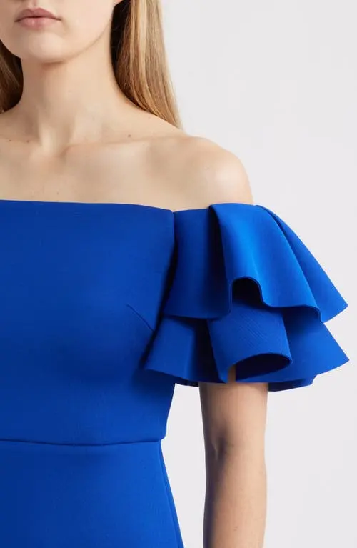 Eliza J Off-The-Shoulder Cocktail Dress With Ruffle Sleeves - Cobalt |  Editorialist