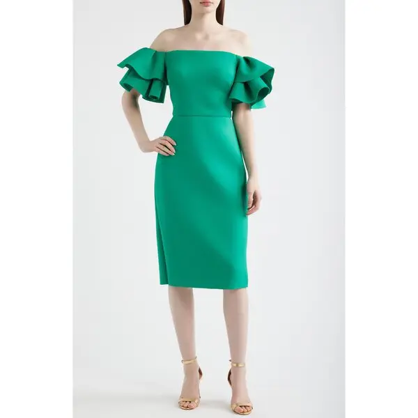 Eliza J Ruffle Sleeve Off The Shoulder Cocktail Dress - Green