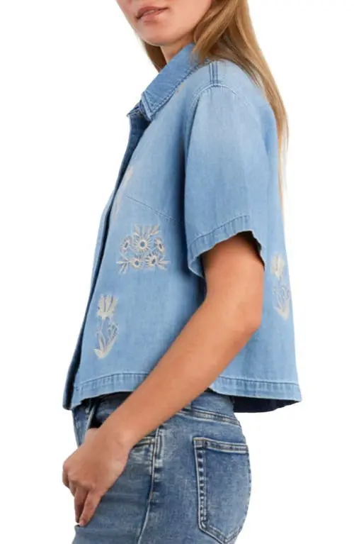 HINT OF BLU Floral Stitched Crop Denim Shirt