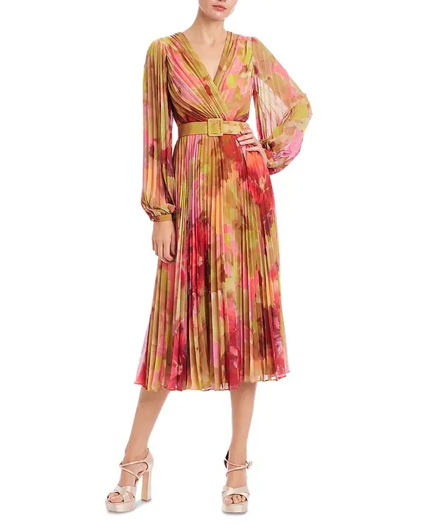 Badgley Mischka Pleated Floral Wrap Midi Dress - Pink Multi