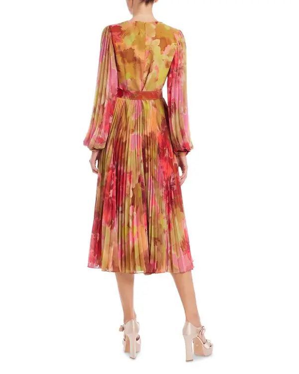 Badgley Mischka Pleated Floral Wrap Midi Dress