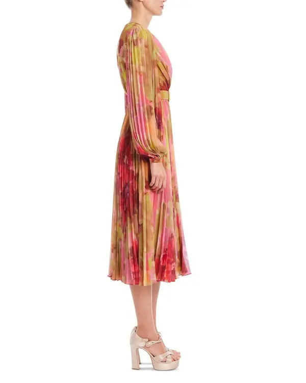Badgley Mischka Pleated Floral Wrap Midi Dress