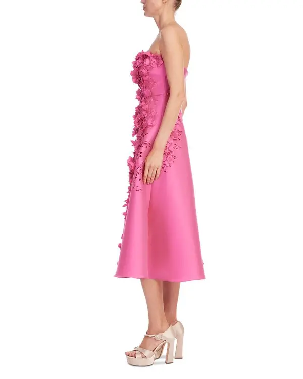 Badgley Mischka Strapless 3d Floral Gazar Midi Dress - Magenta