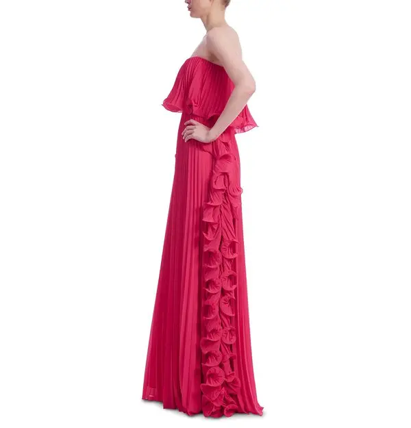 Badgley Mischka Strapless Ruffled Pleated Gown