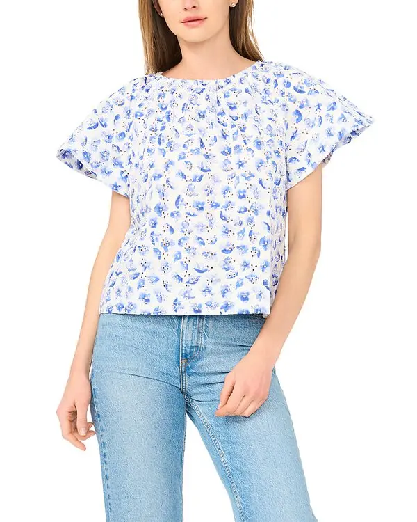 CECE DUPRAZ Printed Eyelet Short Sleeve Top - Bellflower Blue